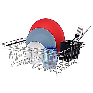 Yvilant in Sink Dish Drying Rack, Expandable Dish Drying Rack Over The Sink, 304 Stainless Steel Dish Rack Dish Drainer in Sink or On Counter with Black Utensil Silverware Holder, 13.78"x11.42"x 5.12"