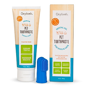 Oxyfresh Premium Dog Toothpaste and Toothbrush – Best Dog Teeth Cleaning & Dog Plaque and Tartar Fighter – Safe for Cat Toothpaste Too – Vet Formulated (4oz Pet Toothpaste + Large Finger Brush)