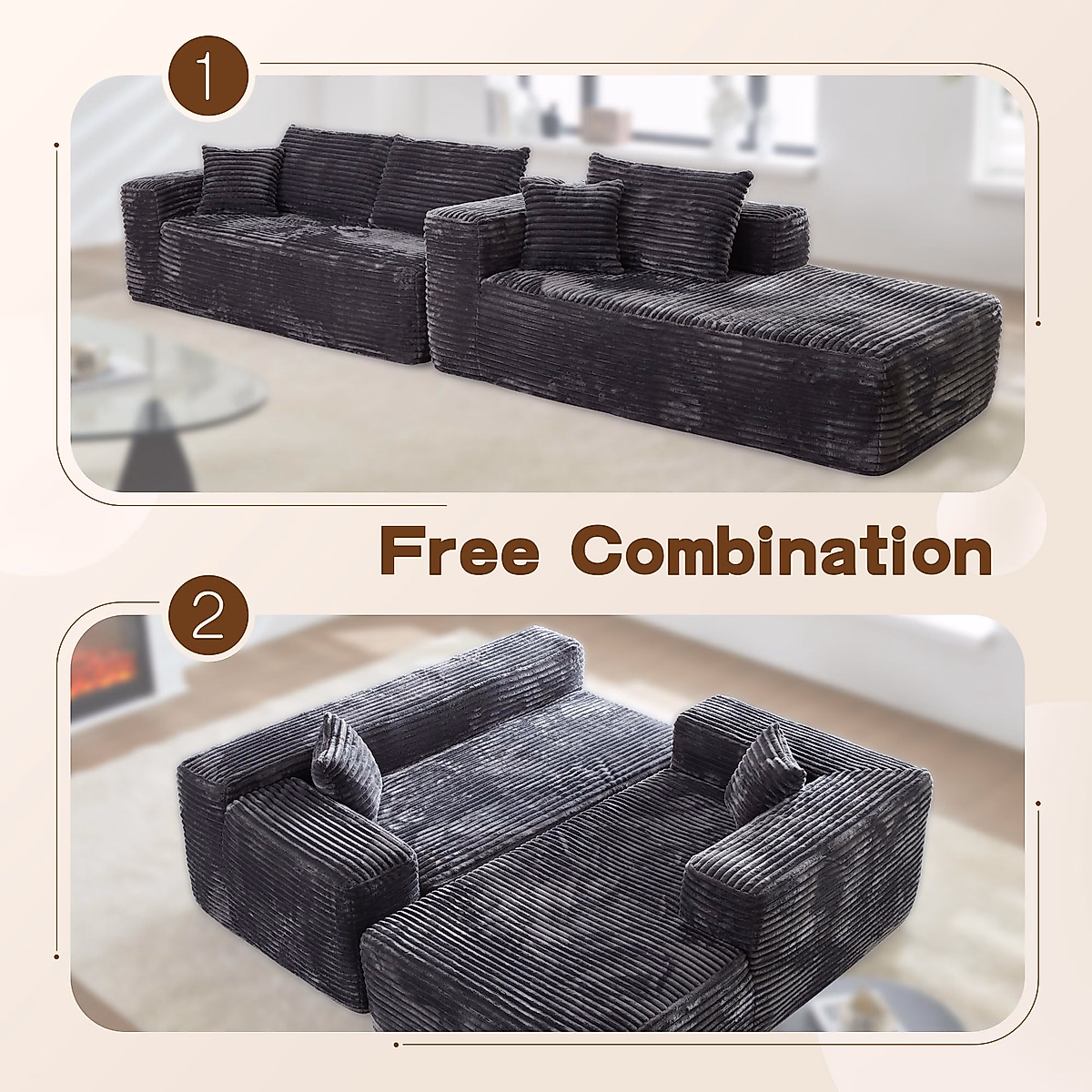 XIZZI Modular Sectional Sofa Couch,L-Shape Upholstered Cloud Couch,Modern Minimalist Couches for Living Room,Free Combination Deep Seat Corner Couch (Grey, Plush Corduroy,Right Facing Chaise)