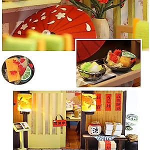 SYW DIY Miniature Dollhouse Kit with Furniture and LED Light，Japanese Sushi Shop Wooden Dollhouse, 1:24 Scale Creative Doll House Toys for Teen