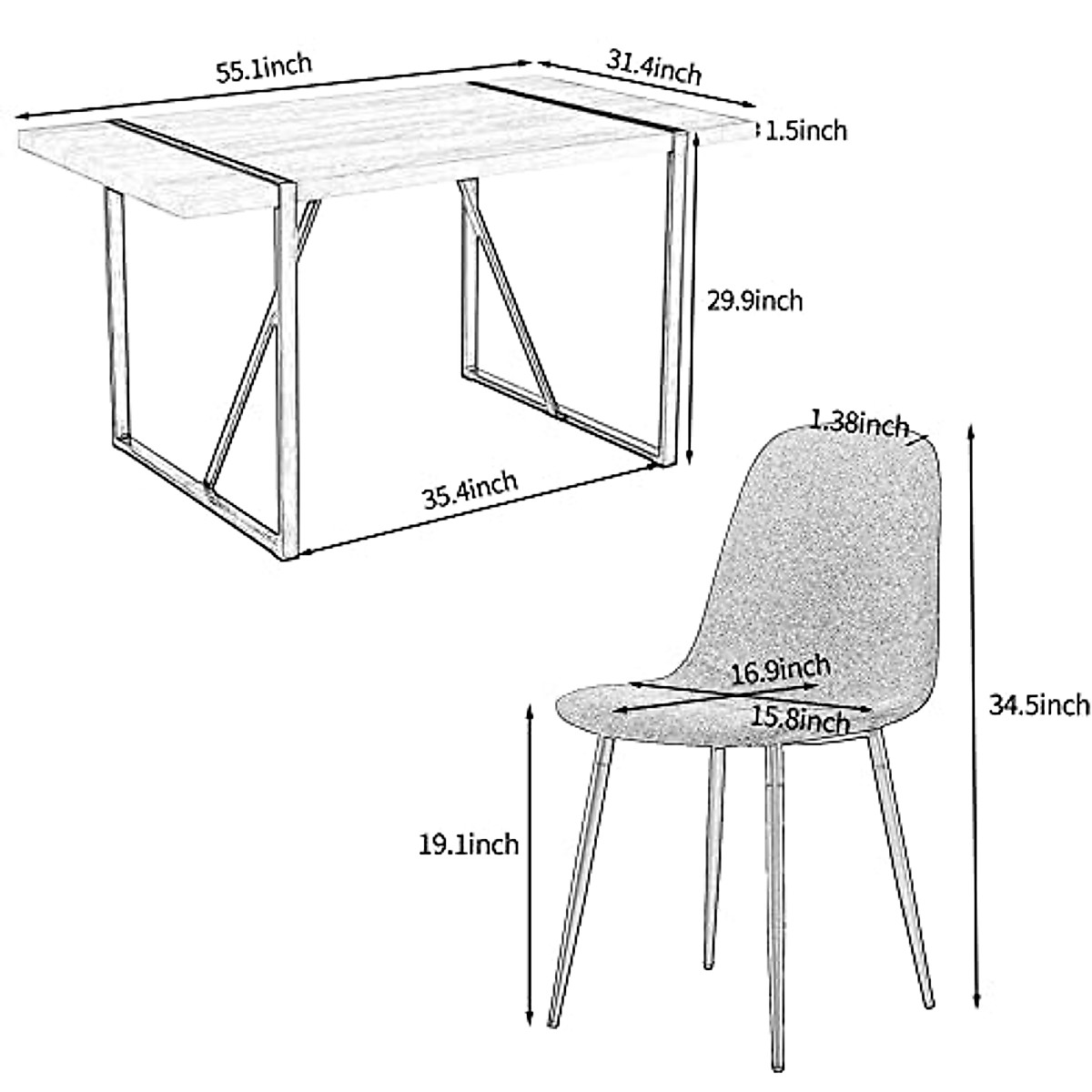 gopop 5 Piece Dining Table Set, Modern Dining Chairs Set of 4, Mid Century Wooden Kitchen Table Set, Metal Base & Legs, Dining Room Table and Leather Chairs.