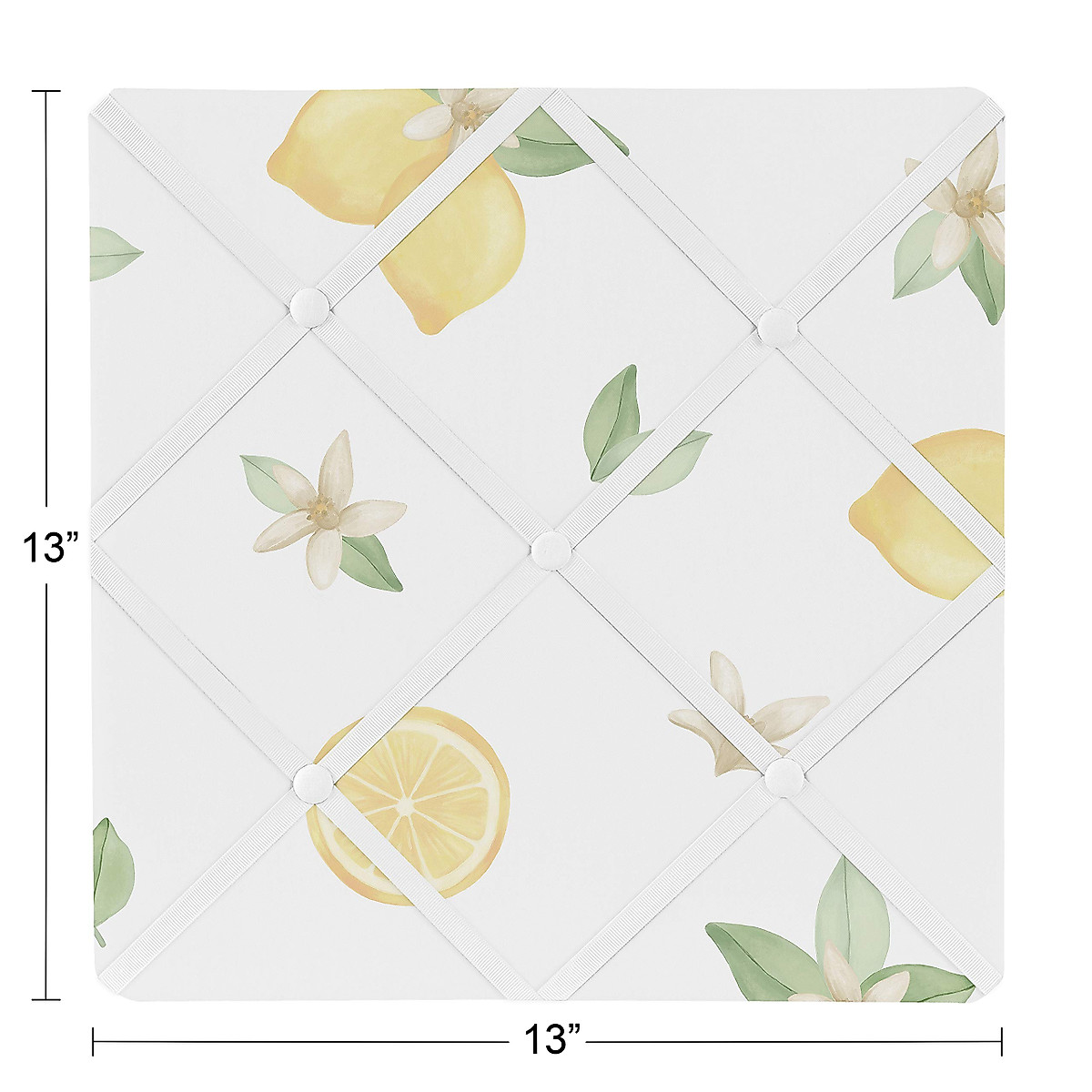 Sweet Jojo Designs Lemon Floral Fabric Memory Memo Photo Bulletin Board - Yellow Green Beige White Watercolor Boho Bohemian Farmhouse Fruit Flower Blossom Botanical Leaf