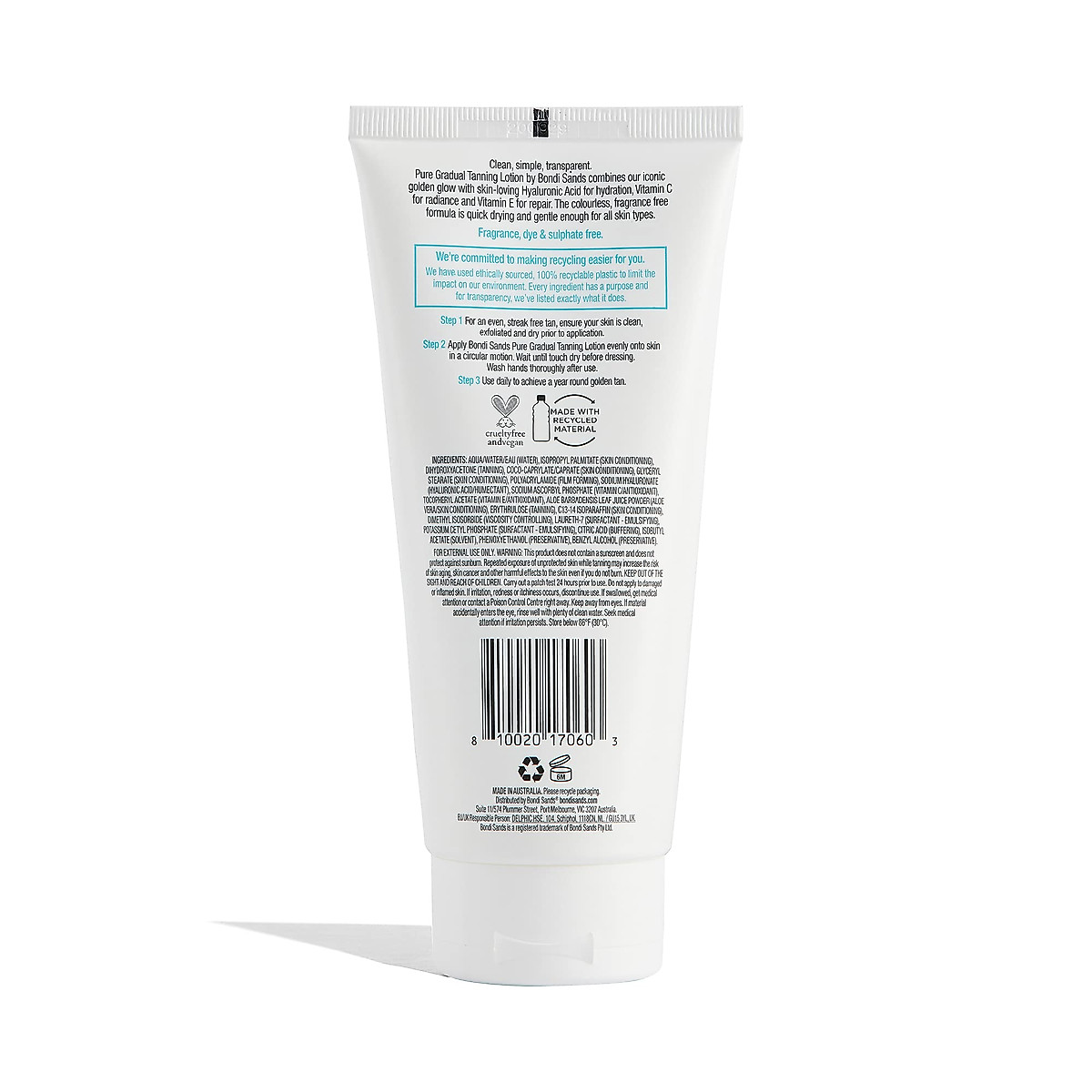 Bondi Sands PURE Gradual Tanning Lotion | Hydrates with Hyaluronic Acid for a Glowing Tan, Fragrance Free, Cruelty Free, Vegan | 6.76 Oz/200 mL