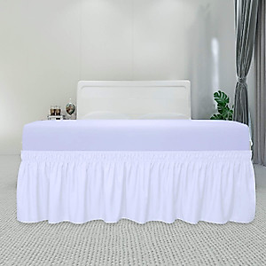 PureFit Wrap Around Ruffled Bed Skirt with Adjustable Elastic Belt - 18 Inch Drop Easy to Put On, Wrinkle Free Bedskirt Dust Ruffles, Frame Cover for Queen, King and C-King Size Beds, White