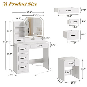 Makeup Vanity Desk with Lights and Charging Station, White Vanity Set with 5 Drawers & Stool for Girls Women Vanity Dressing Table for Bedroom, 3 Lighting Modes Adjustable Brightness