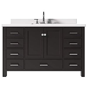 ARIEL Bathroom Vanity 55" Inch in Espresso with Pure White Quartz Countertop, Rectangular Sink, 2 Soft Closing Doors and 9 Full Extension Dovetail Drawers, No Mirror
