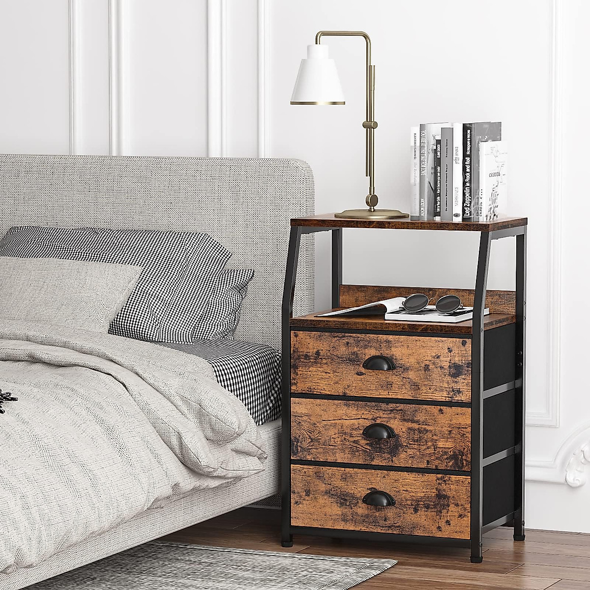 Nightstand with 3 Drawers and 2-Tier Shelf, Fabric Small Dresser Organizer Vertical Storage Tower for Bedroom, Closet, Hallway, Nursery, End Table Side Furniture, Sturdy Steel Frame, Wood Top