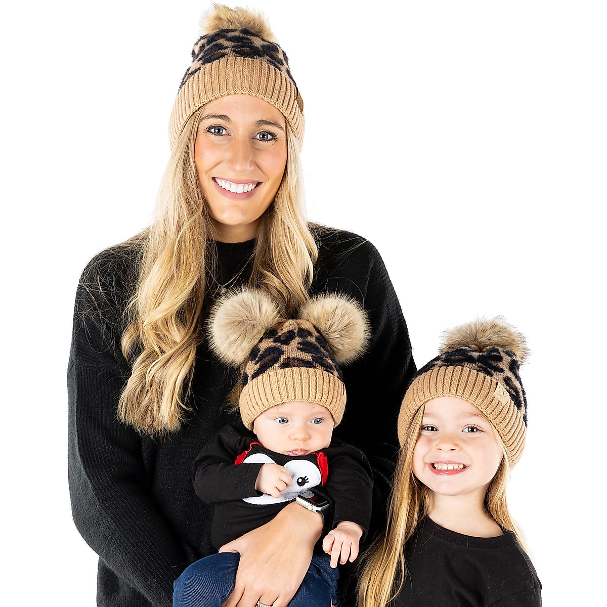 Funky Junque Matching Adult Toddler Infant POM Hat - Adult/Toddler (Single POM)/Infant (Double POM) - Leopard - Latte