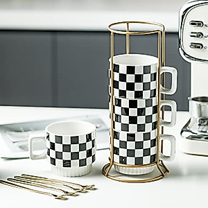 Miamolo Stackable Coffee Mug Set of 4 with Rack 11 oz Tea Cup Set with Tea Spoon Perfect for Coffee, Tea, Cocoa, Milk Chessboard Black and White Pattern Coffee Mug as Christmas Gifts