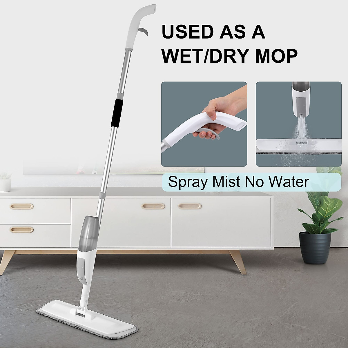 Spray Mop for Floor Cleaning, 360Rotatable Mop with 4 Washable Pads, Refillable Spray Bottle and 1 Scraper, Flat Mop for Home Kitchen Hardwood Laminate Wood Ceramic Floor Cleaning,White