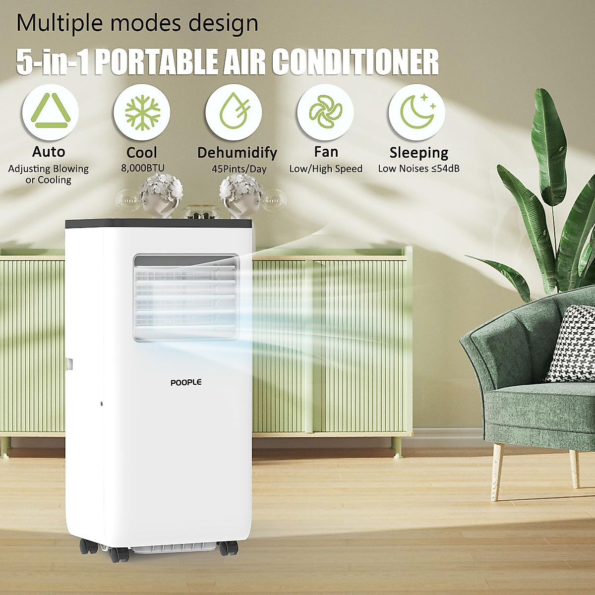 POOPLE 8,000 BTU Portable Air Conditioners, Portable AC for Room up to 350 Sq. Ft, 5-in-1 Portable AC Unit with LED Display/Remote Control/Window Installation Kit/24Hrs Timer, White
