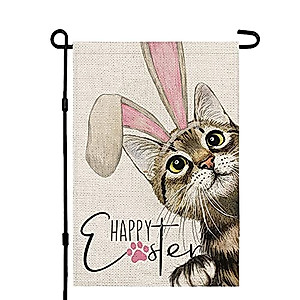 CROWNED BEAUTY Happy Easter Garden Flag 12×18 Inch Double Sided Cat with Rabbit Ear Outside Vertical Holiday Yard Flag