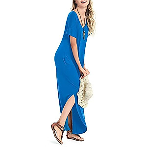 Arolina Women's Summer Maxi Dress Short Sleeve V Neck Casual Loose Long Beach Split Dresses with Pockets Acid Blue