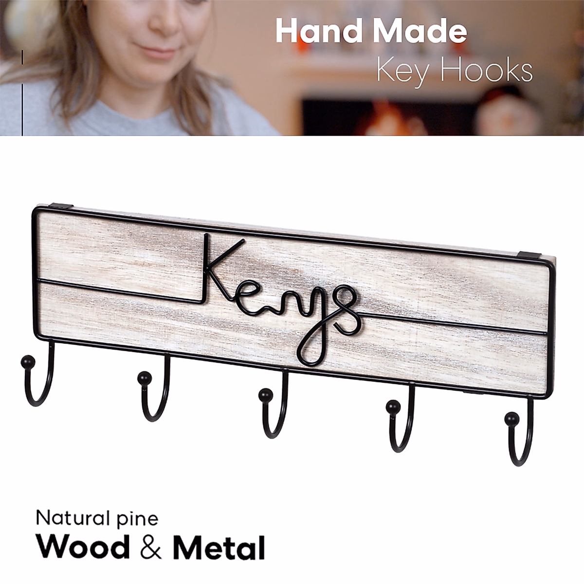 SNAP INVENT Wall Mounted Key Hooks for Hanging and Holding Keys - Entryway Keys Organizer - Handmade Metal Ornament with Natural Wood (White)