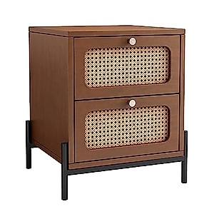 VKKILPEE Modern Cannage Rattan Wood Nightstand 2-Drawer Closet Sofa Side Table End Table for Bedroom, Living Room, Entryway, Hallway, 17''L x 17''W x 21.6''H, Solid Wood Storage Cabinet, Walnut