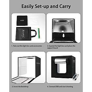 DUCLUS Light Box Photography, Portable Photo Studio Booth Box, 10" x 10" Professional Mini Shooting Tents with 96 LED Lights Dimmable, 6 Backdrops for Small Product: Jewelry, Miniature Models etc.