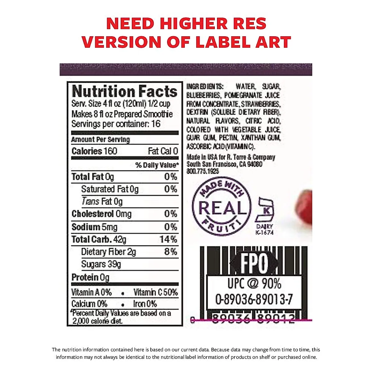 Torani Real Fruit Smoothie Mix, Blueberry Pomegranate, 64 Ounce