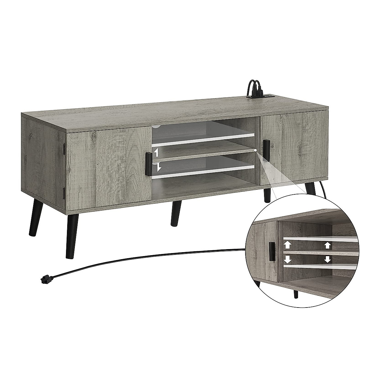 Quimoo TV Stand for 55 inch TV, LED Entertainment Center with LED Lights & Power Outlet, TV Console with 2 Cabinets & Open Shelf, Media Console for Living Room, Bedroom, Grey