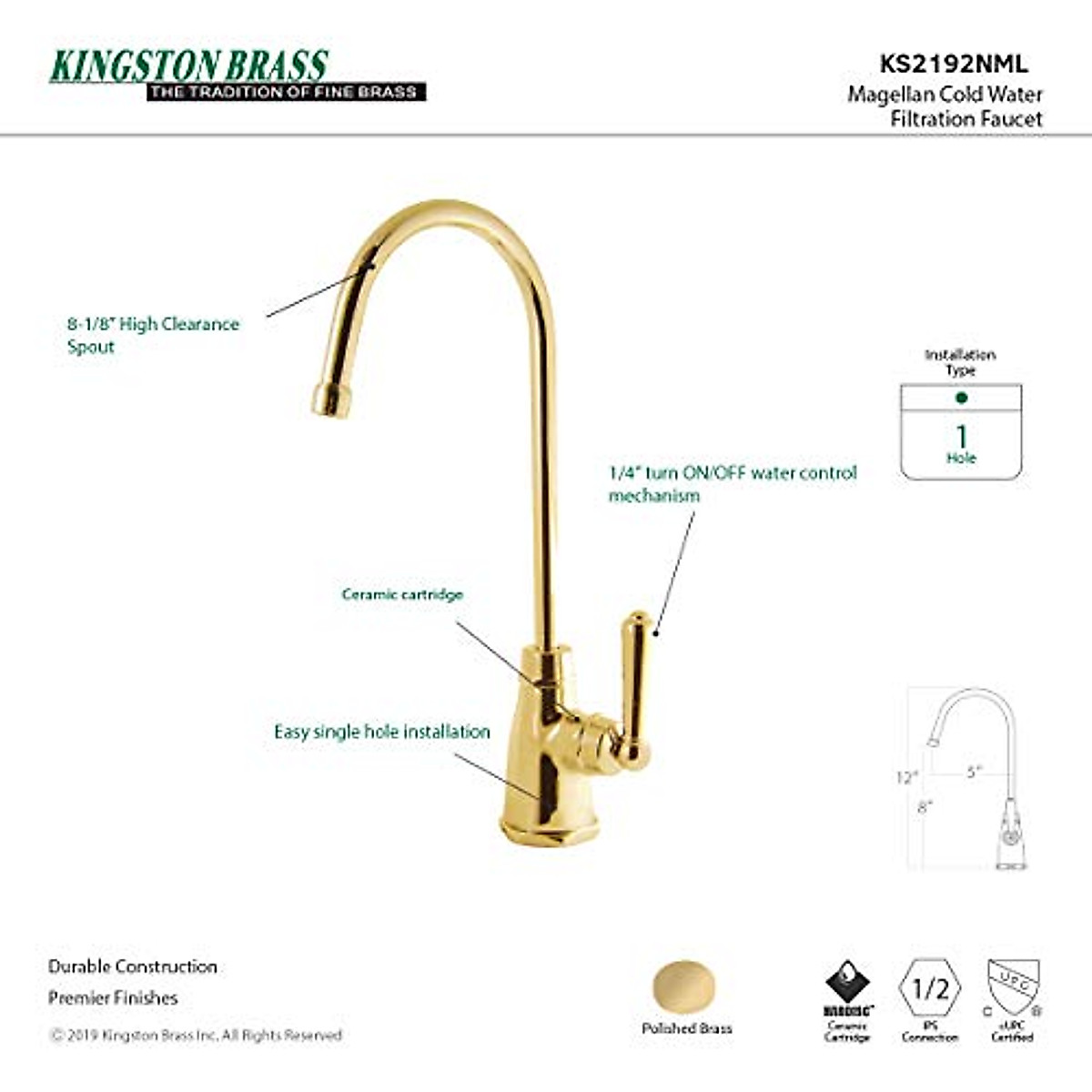 KINGSTON BRASS KS2192NML Magellan Cold Water Filtration Faucet, Polished Brass