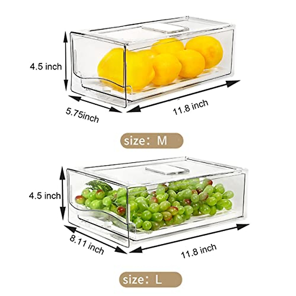 XIYAO 2 pack Stackable Fridge Organizer Bins Drawers With Vented Lids And Drain Tray ,Clear Pantry Organization and Storage,BPA-free Food Fruit Vegetables storage for Freezer, Cabinet, Kitchen, 11.8"x8.11"x4.5"