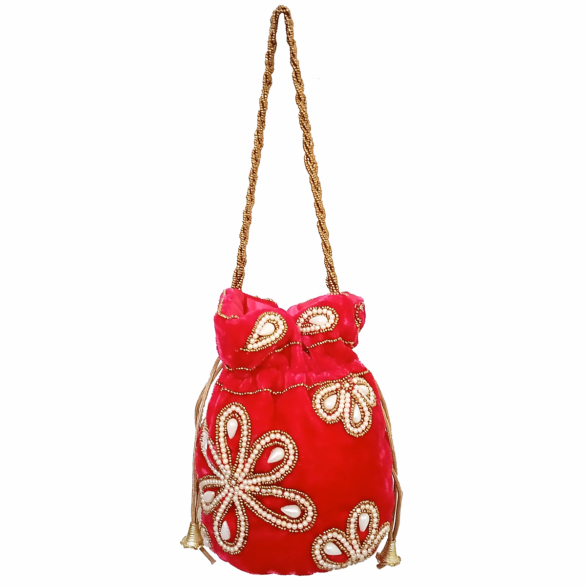Purpledip Chenille Potli Bag (Clutch, Drawstring Purse): Intricate Bead Work Satchel Handbag, Pink (12396D)
