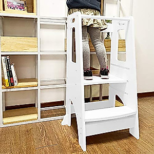 ZZBIQS Wooden Kitchen Toddler Step Stool Helper, Height Adjustable Learning Toddler Tower with Safety HandRail, Standing Tower Daycare Furniture for Kids (White)