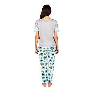 Prestigez Cookie Monster Women's Pajama 2 piece Set, includes Tee and Sleep Pants, Gray/Blue, Size Medium