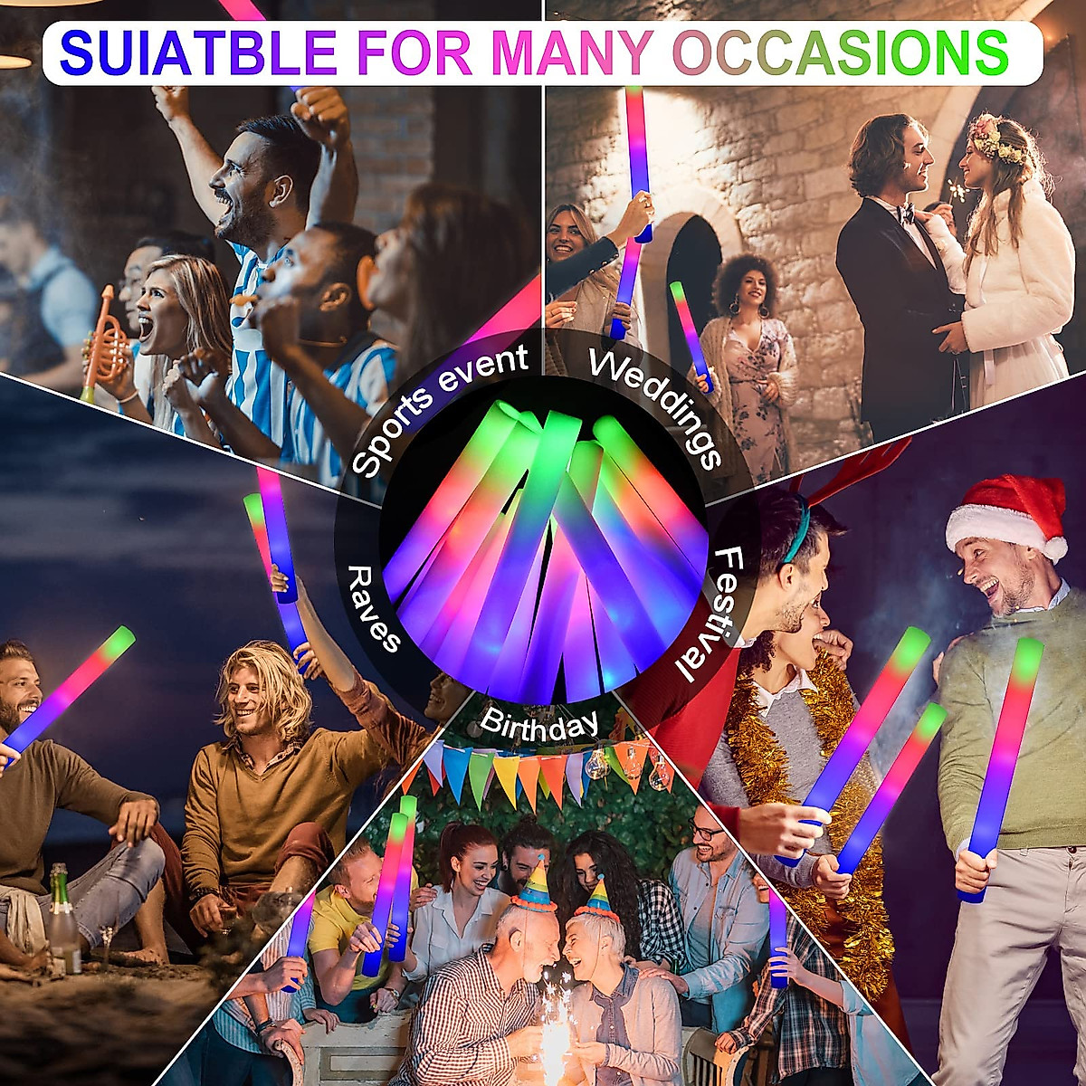 LifBetter 42 Pcs Glow Sticks Bulk- LED Foam Sticks in The Dark with 3 Modes Flashing Led Foam Multicolor Batons Light up Party Favors for Birthdays, Weddings, Concerts, Festivals