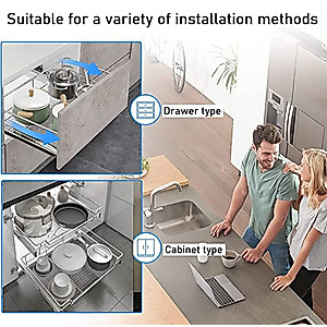 MYOYAY 2Pcs Pull Out Cabinet Organizer Bowls Dishes Storage Shelf Extendable Sliding Kitchen Drawer Heavy Duty Seasoning Cutlery Cookware Storing Basket Home Dining Organization