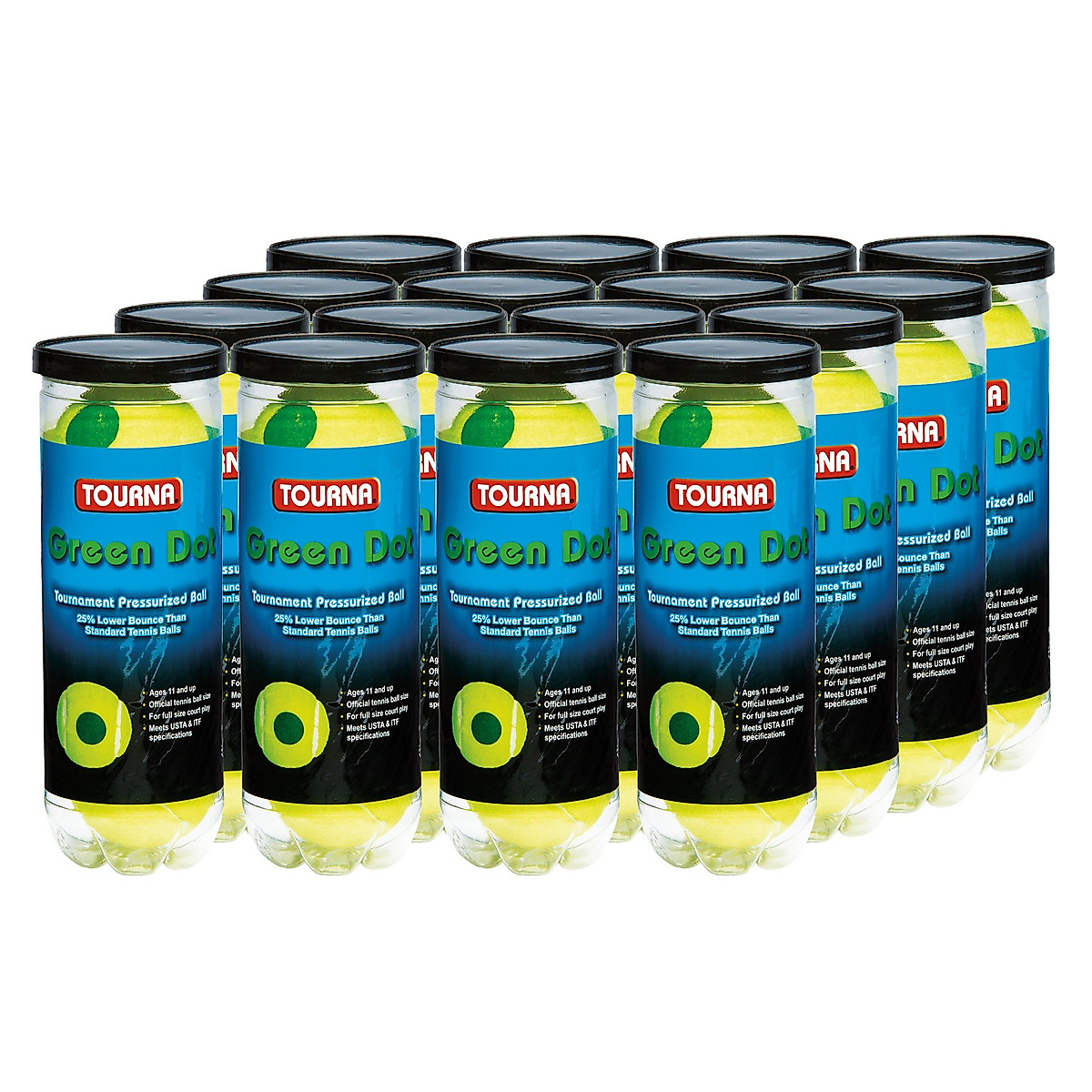 TOURNA 12 Pack Pressurized Green Dot Tennis Balls in a Pressurized Can, USTA Approved