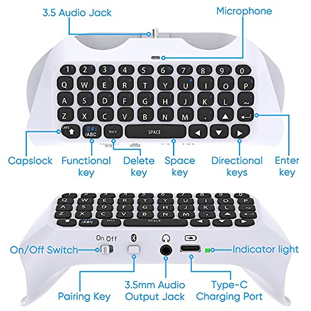 Klipdasse Wireless Keyboard for PS5 Controller, Bluetooth 3.0 Mini Chatpad Message Game Keyboard Keypad Built-in Speaker with 3.5mm Audio Jack for Messaging and Gaming Live Chat, for Playstation 5