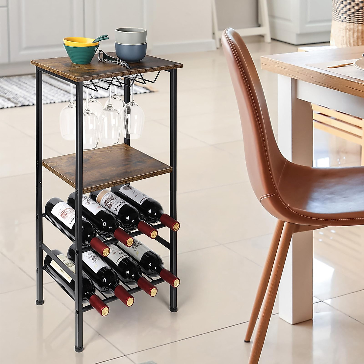 ETELI Wine Rack Table Freestanding Floor Wood Wine Bottles Storage with Shelves Hold 8 Wine Bottles and 9 Goblets Industrial Small Wine Display Stand for Dining Room Kitchen,Brown
