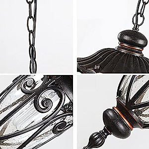 European Outdoor Ceiling Light Hanging Bronze Lantern Brown 16.1" Champagne Hammered Glass Damp Rated Pendant Lights Aluminum Outside for Exterior House Porch Patio Deck Garage Front Door Garden Home