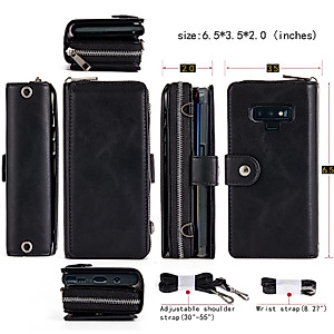 MODOS LOGICOS Crossbody Bag for Samsung Galaxy Note 9 6.4", [Shoulder Wrist Straps] [Zipper Storage] [11 RFID Card Slots 3 ID Window] PU Leather Purse with Removable Inner Magnetic TPU Case - Black
