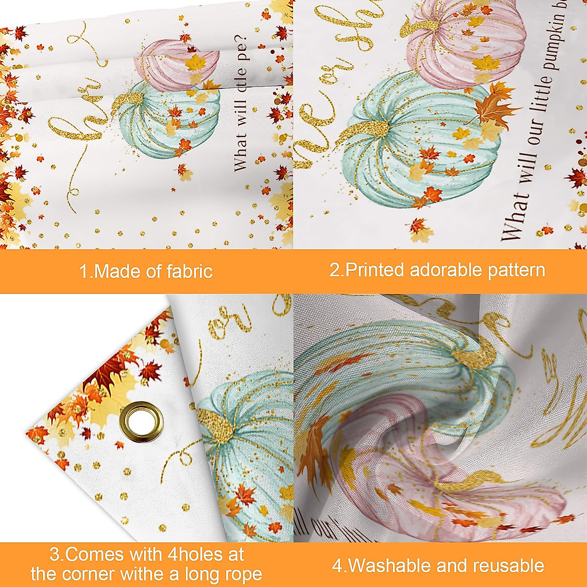 MEHOFOND XtraLarge Pumpkin Gender Reveal Banner Backdrop(72x44Inch) Fall Pumpkin Baby Shower Party Decorations Supplies Thanksgiving Baby Shower Banner Autumn Golden Maple Leaves Party Decorations