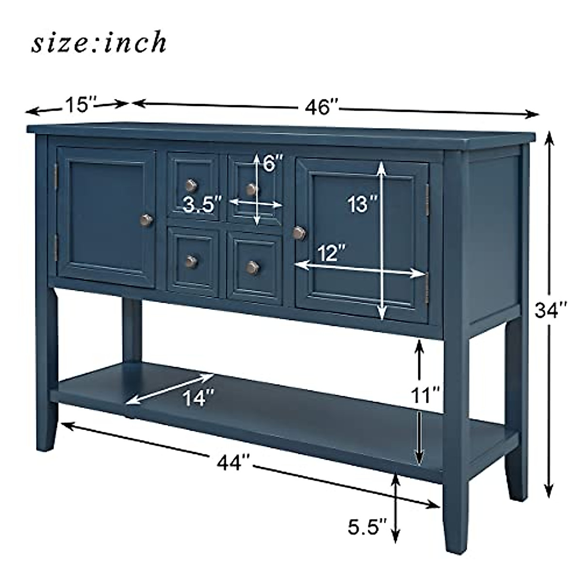 Anwick Buffet Sideboard, Wood Storage Cabinet, Console Table with Storage Shelf, 4 Drawers and 2 Cabinets, Wood Buffet Server for Living Room Kitchen Dining Room (Navy)