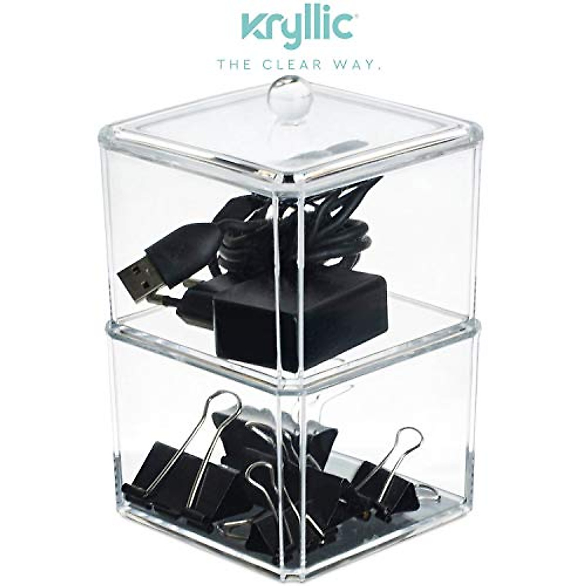 JAROFUREL Kryllic Q tips Organizer - Qtip Holder - Qtip Holder Bathroom - Cotton Swab Holder - 2 Slot Acrylic Bathroom Organizer with Lid - Cotton Ball Holder, Clear, 4x4x5.5 Inch (Pack of 1)