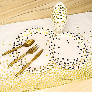 176 Pieces Gold Disposable Party Dinnerware Set &Golden Dot Disposable Party Dinnerware - Black Paper Plates Napkins Cups, Gold Plastic Forks Knives Spoons
