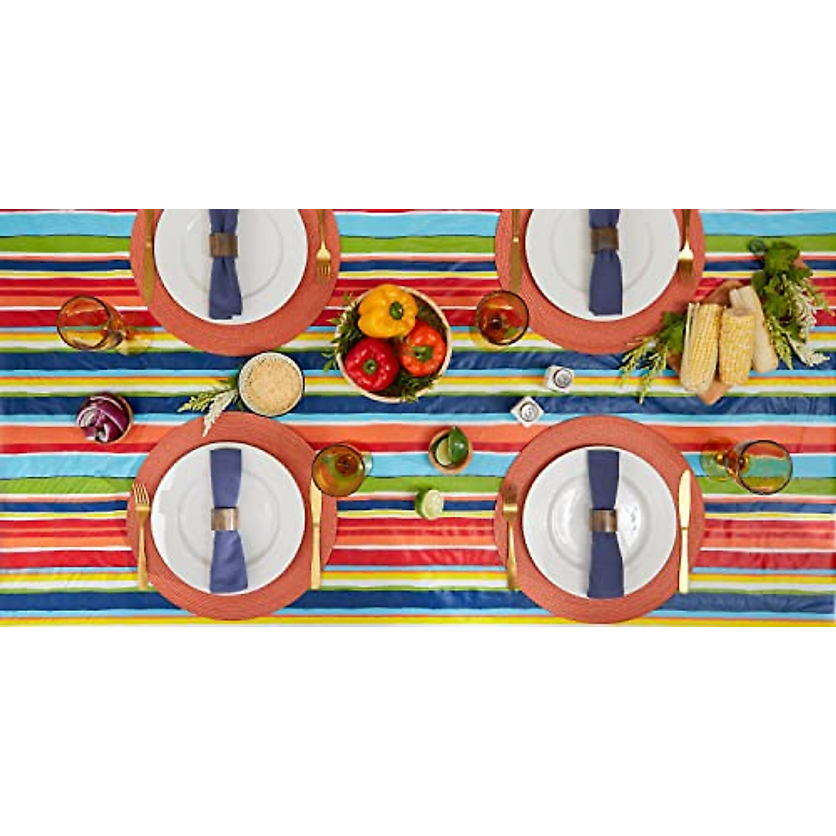 DII Vinyl Tabletop Collection Indoor/Outdoor Spill-Proof Flannel Backed Tablecloth, Rectangle, 60x102, Summer Stripe