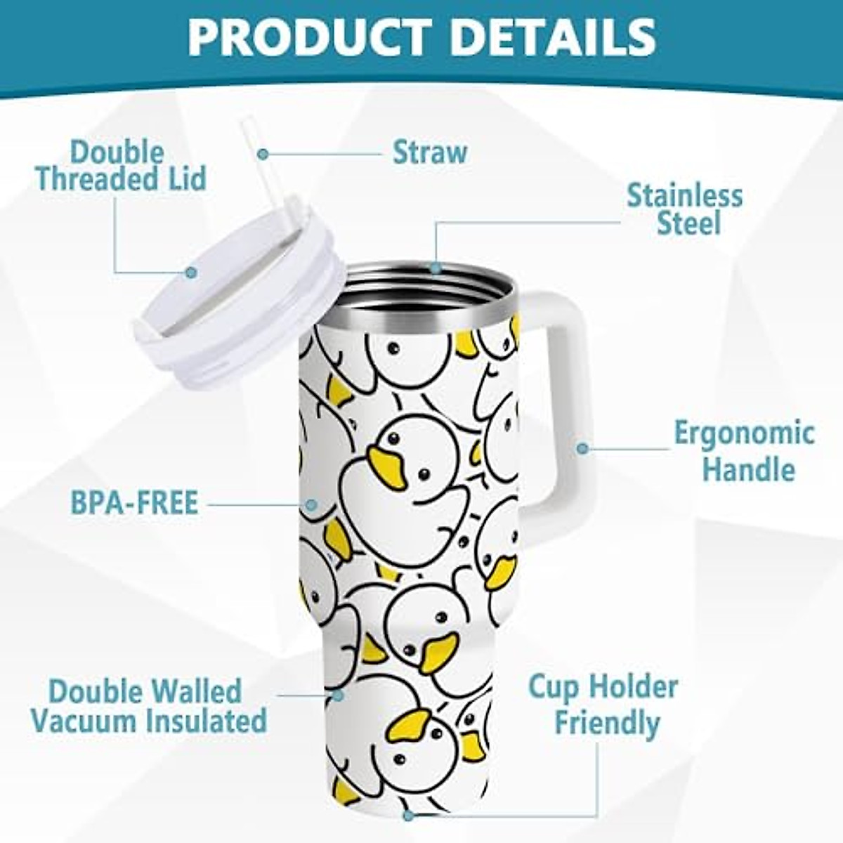 MCHIVER Cute Duck White 30 oz Tumbler with Handle and Straw Stainless Steel Vacuum Water Bottle Leak-proof Travel Coffee Mug Insulated Tumbler for Office Home Car
