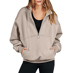 ANRABESS Women's Oversized Half Zip Fleece Sweatshirts Quarter Zip Pullover Top Fall 2024 Outfits Trendy Clothes Light Brown X-Large