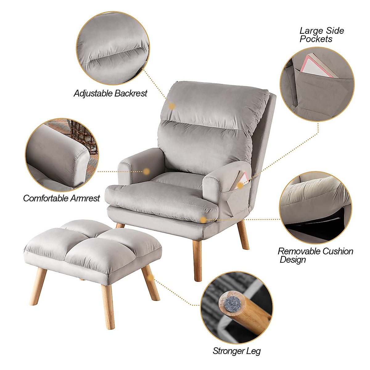 CANMOV Modern Accent Chair with Ottoman, Soft Fabric Armchair with Adjustable Backrest and Side Pockets, Comfy Lounge Chair for Living Room, Bedroom, Apartment, Office, Grey