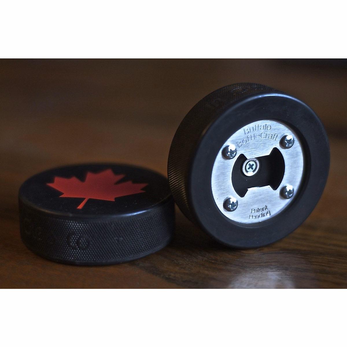 Canadian Maple Leaf Bottle Opener, Made from a real Hockey Puck