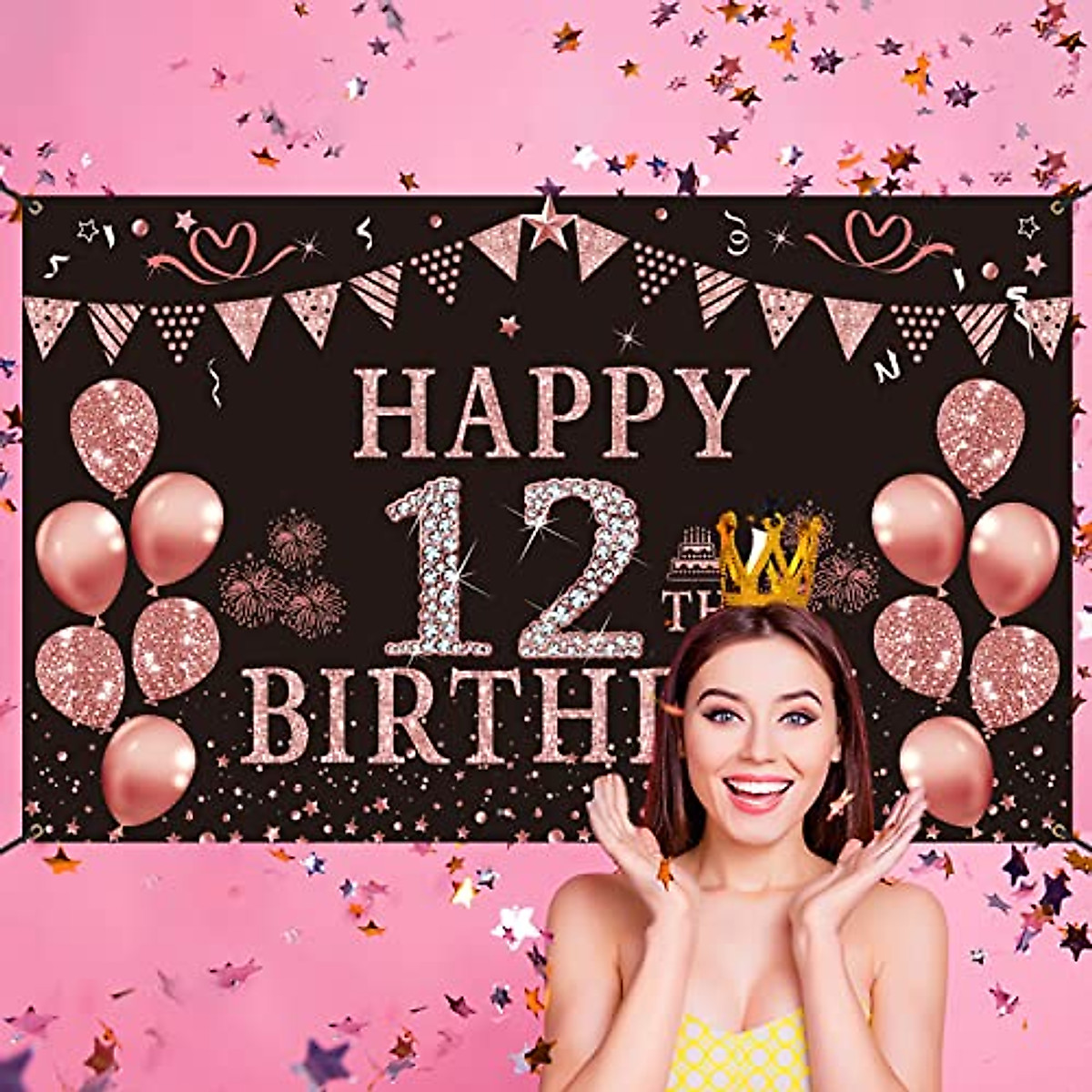 Trgowaul Happy 12th Birthday Decorations for Girls - Pink Rose Gold 12 Birthday Backdrop Banner，Twelve Years Old Birthday Party Supply Photography Background Birthday Sign Poster Decor Gift Daughter