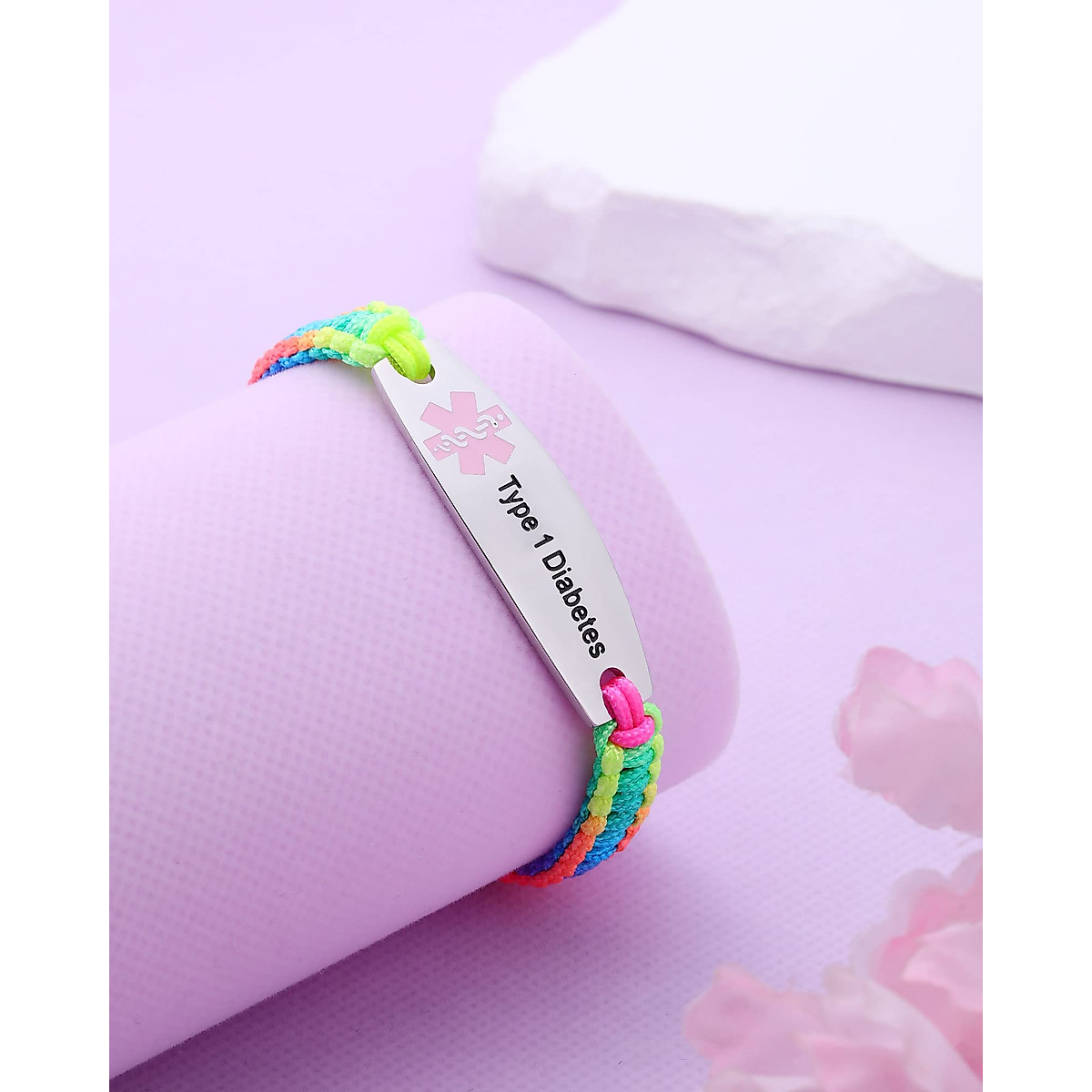 JF.JEWELRY Medical Alert Bracelets for Women, Personalized Custom Medical Bracelets for Women, Nylon Braided Medical ID Bracelets - Rainbow