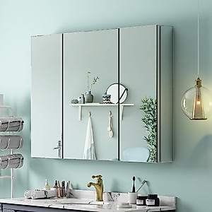 Quavikey Aluminum Medicine Cabinet with 3 Doors Recessed or Surface Mount Large Bathroom Mirror Cabinets 36x26 Inch, Silver