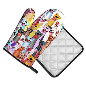 Cute American Pit Bull Terrier Dogs Puppy Lovers Colorful Tie Dye Oven Mitts and Pot Holders Sets Reusable Soft Cotton Heat Resistant Oven Gloves For Kitchen Microwave BBQ Baking Print Oven Mitt Gifts