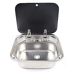 Outdoor RV Caravan Basin Sink,Stainless Steel Boat RV Caravan Camper Kitchen Basin Single Bowl Sink Hand Wash Cold and Hot Faucet Glass Lid for Camper Boating 16.53 x 14.56x 6.3inch (Rectangular Sink)