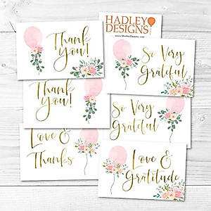 24 Pink Balloon Baby Shower Thank You Cards With Envelopes, Kids Thank-You Note, 4x6 Gratitude Card Gift For Guest Pack For Party, Birthday, For Girl Children, Cute Watercolor Blush Event Stationery