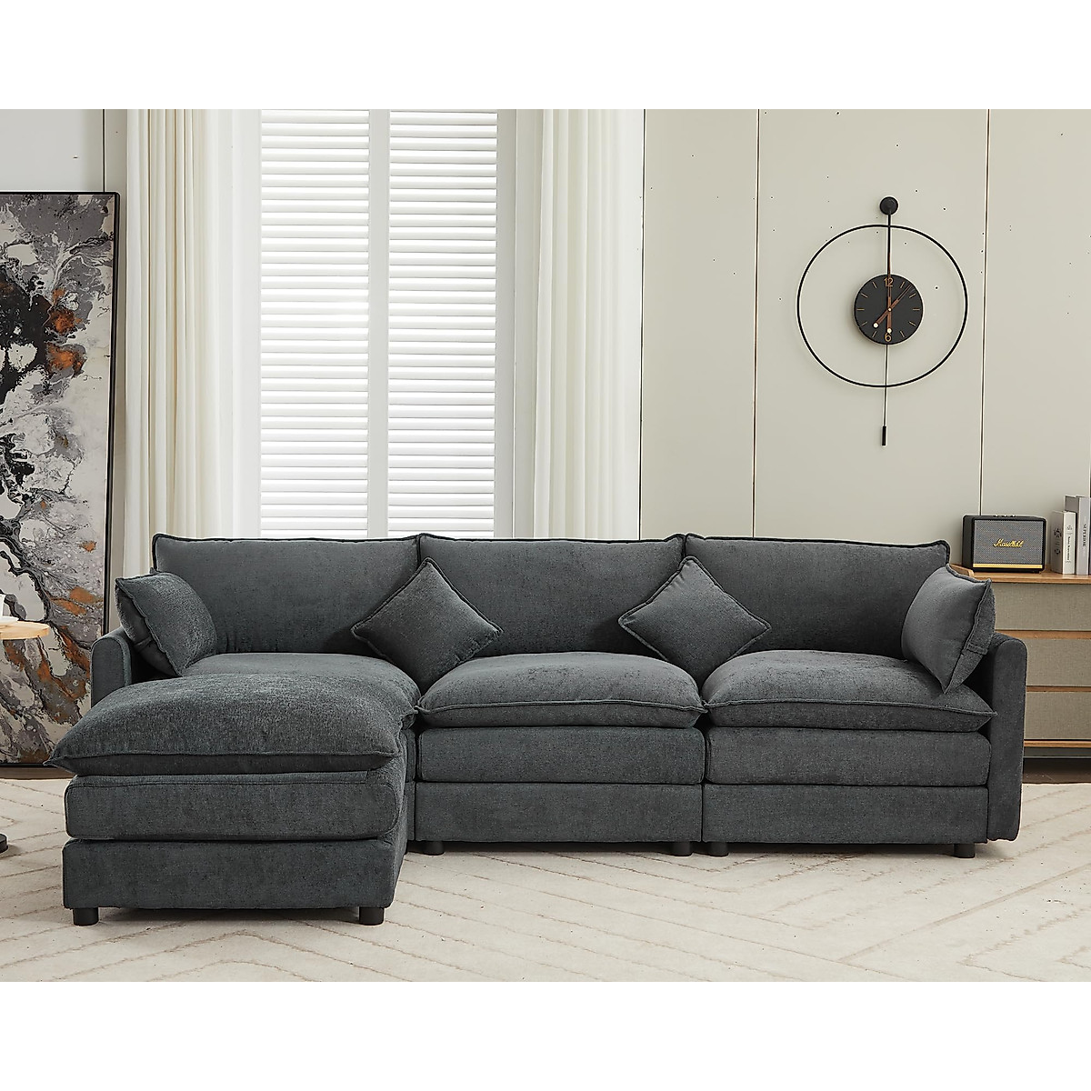 ANDORON Modular Sectional Couch, 101 Inches L Shaped Sofas for Living Room Convertible Couches with Removable Ottoman and Pillows for Small Space, Apartment Chenille Fabric (Dark Gray)